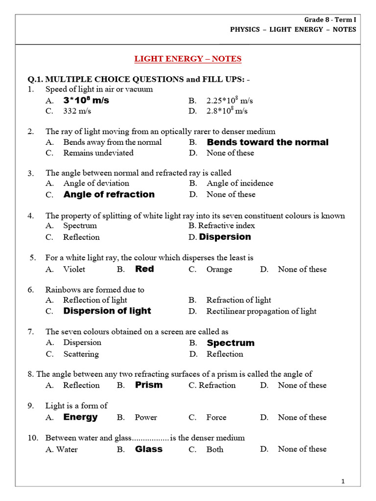 LIGHT ENERGY - NOTES-1 | PDF | Refraction | Light