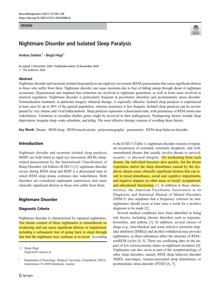 2020 Nightmare Disorder and Isolated Sleep Paralysis | PDF | Nightmare ...
