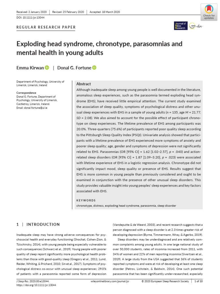 2021 Exploding Head Syndrome, Chronotype, Parasomnias and Mental Health ...