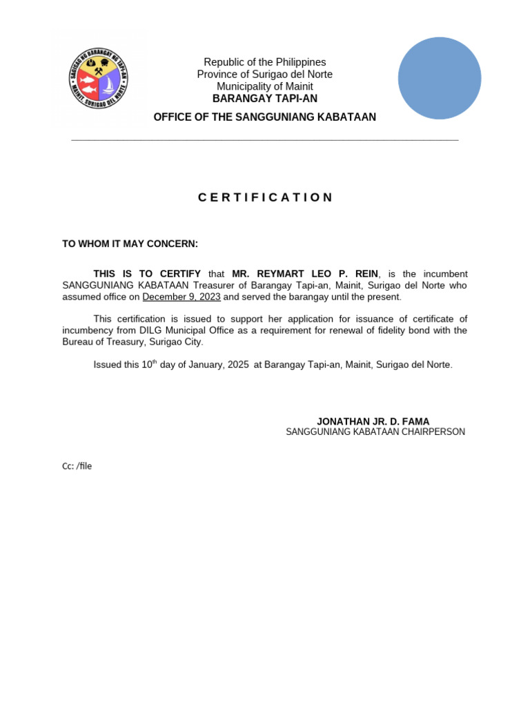 Certification of Incumbency for SK Officials | PDF