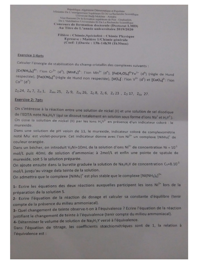 11 Sujets Concours Dacces Au Doctorat en Chimie 1 | PDF