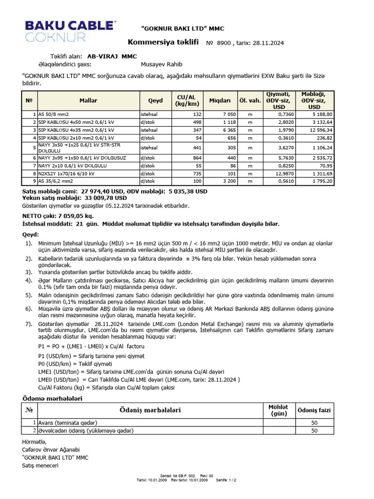 Kommersiya Teklifi 8900, Tarix 28.11.2024, AB-VIRAJ MMC, 33 009,77 USD | PDF