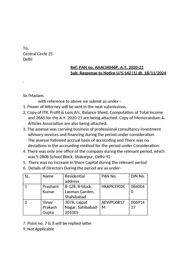 Response to Notice U/S 142 for A.Y. 2020-21 | PDF