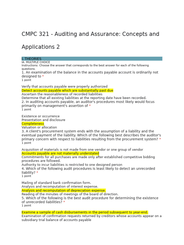 CMPC 321 Quiz 1 Midterm | PDF | Accounts Payable | Audit