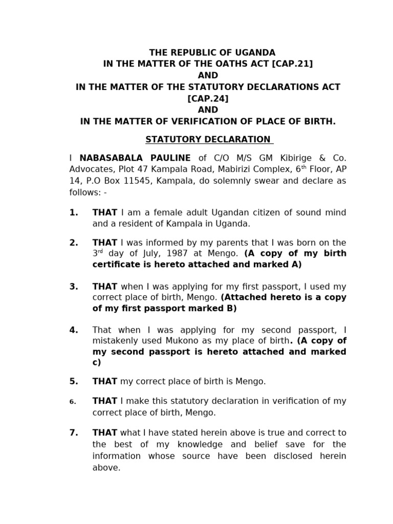 Statutory Declaration of Birth Place | PDF
