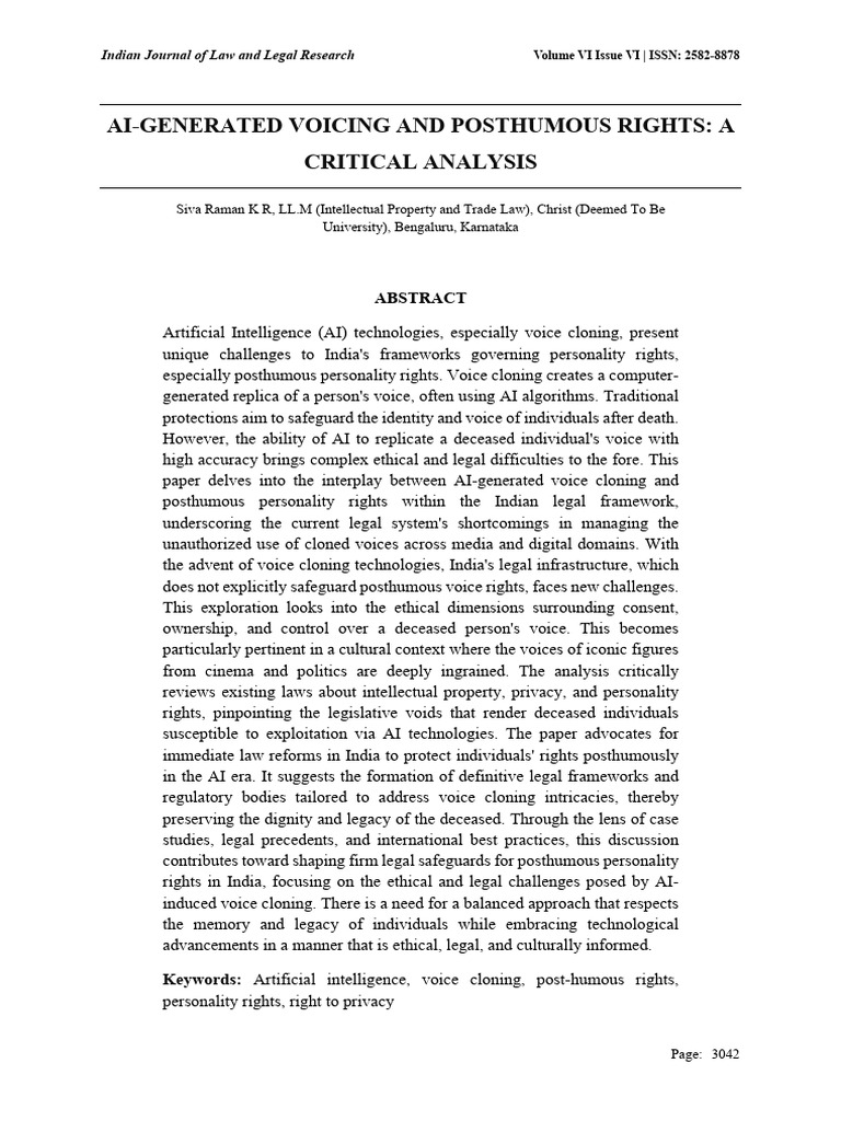 Ai-Generated Voicing and Posthumous Rights - A Critical Analysis | PDF | Personality Rights ...
