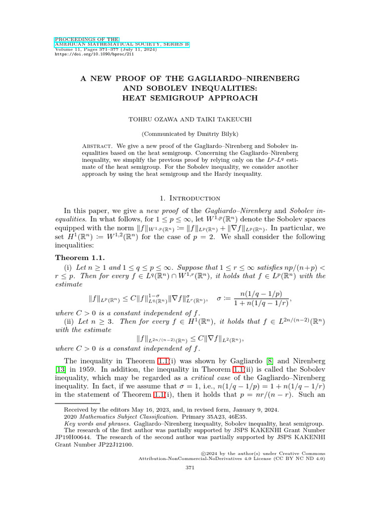 A new proof of the Gagliardo–Nirenberg and Sobolev inequalities Heat ... A new proof of the Gagliardo–Nirenberg and Sobolev inequalities Heat ...