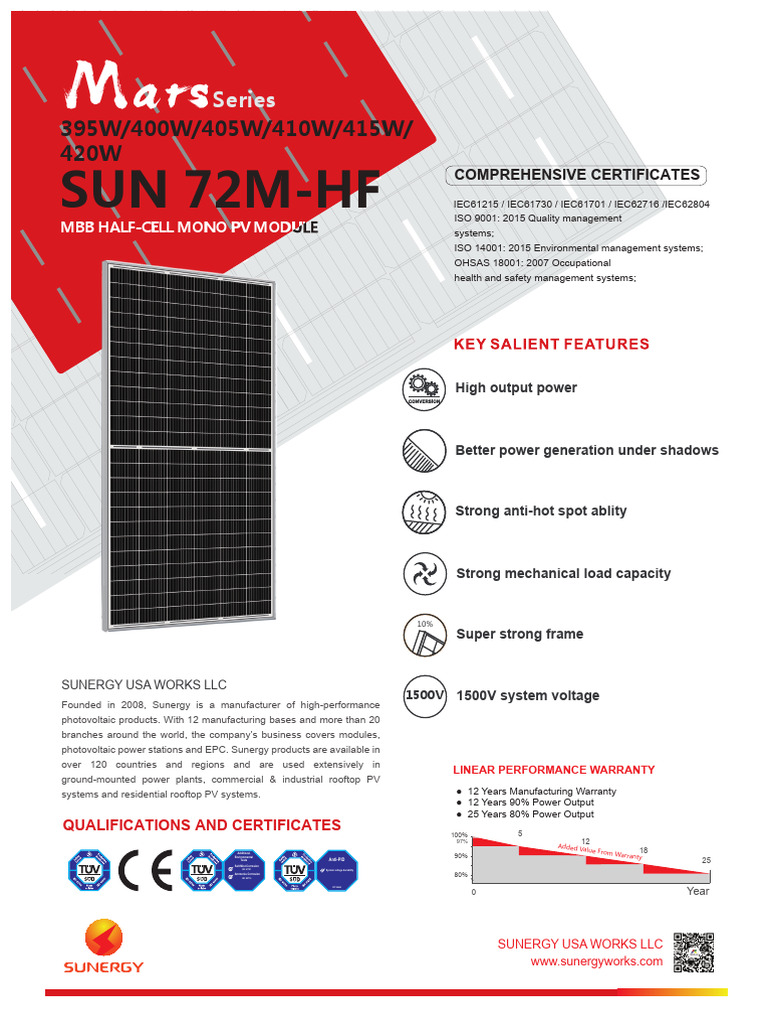 Datasheet - Sunergy-Sun-72m-Hf-410 | PDF | Photovoltaics | Photovoltaic System