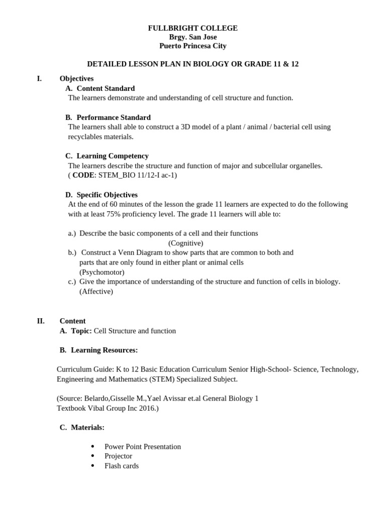 CELL lesson plan | PDF | Cell (Biology) | Cell Membrane