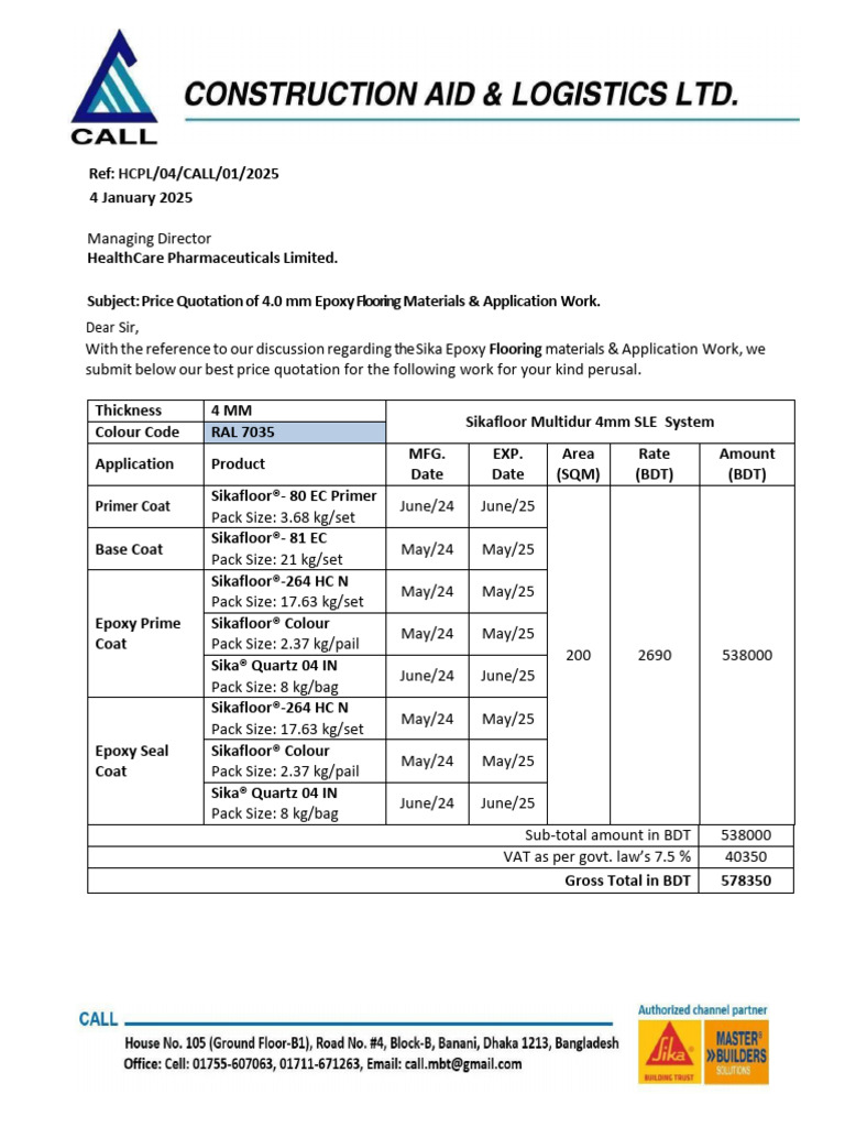 Health Care Quotation of Sika Epoxy Flooring Solution | PDF | Materials ...
