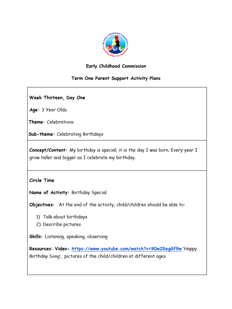 Week 13 3 Year Old Activity Plan | PDF | Cakes