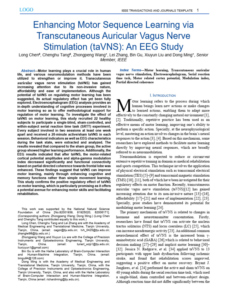 Enhancing Motor Sequence Learning Via Transcutaneous Auricular Vagus Nerve Stimulation TaVNS An ...