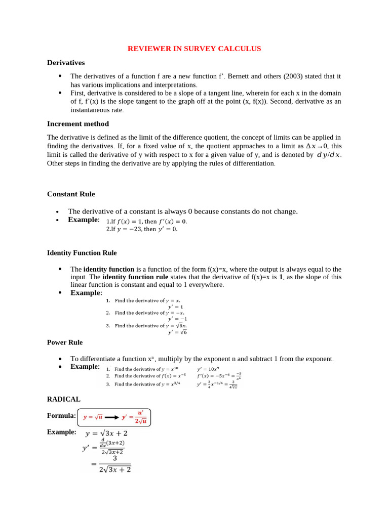 REVIEWER IN SURVEY CALCULUS 1st SEM | PDF | Derivative | Mathematical ...