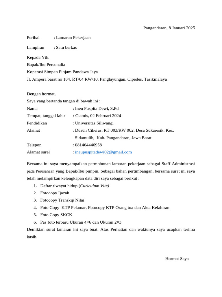 CV Dan Surat Lamaran KSP Tasikmalaya-SMA | PDF