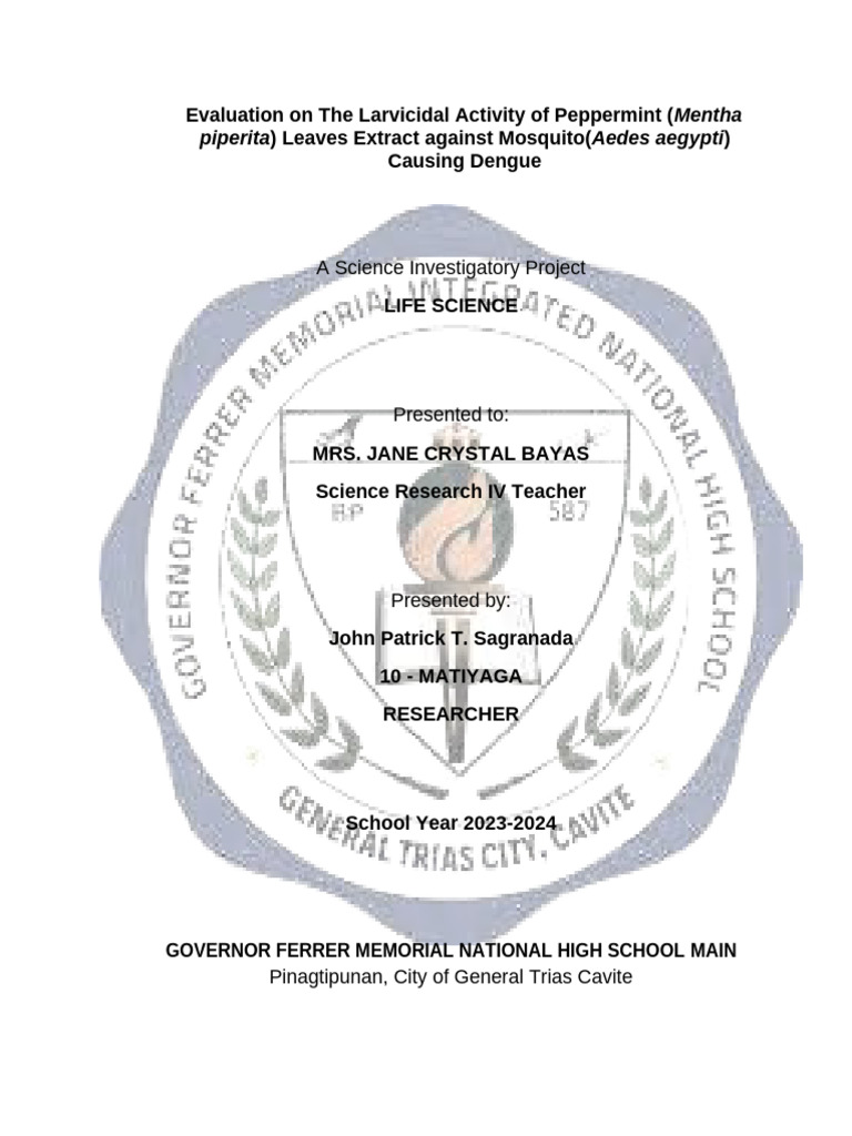 Larvicidal Property of Mentha Piperita Against Mosquito Causing Dengue ...