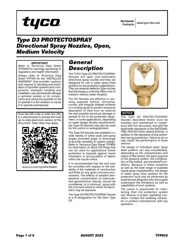 Tyco Type D3 PROTECTOSPRAY Directional Spray Nozzles, Open, Medium ...