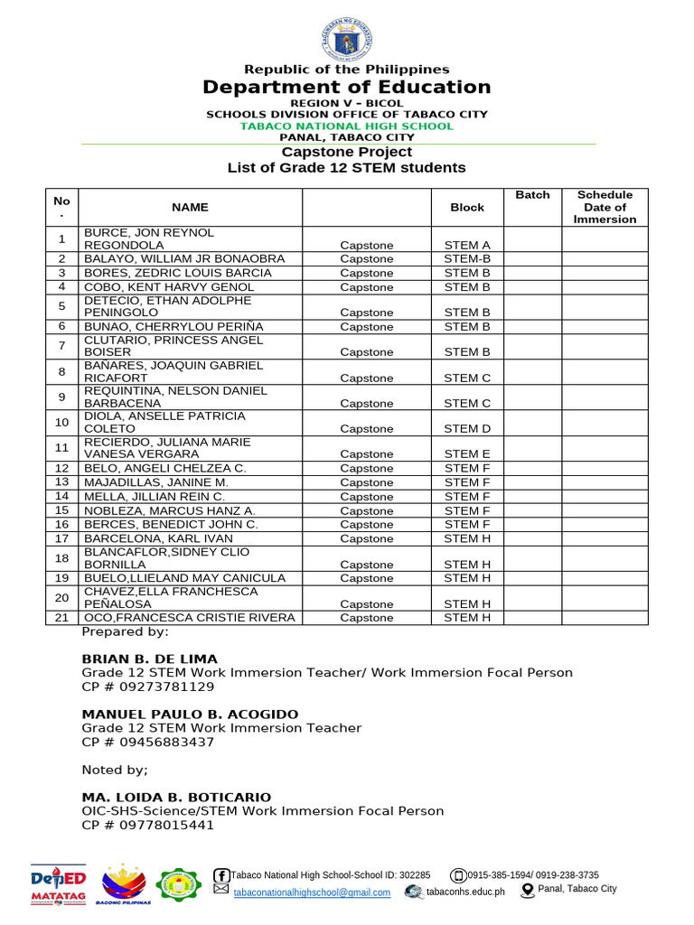 Grade 12 STEM Students Capstone List | PDF