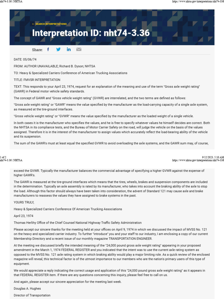 nht74-3.36 NHTSA GAWR Rating Interpretation | PDF | National Highway ...