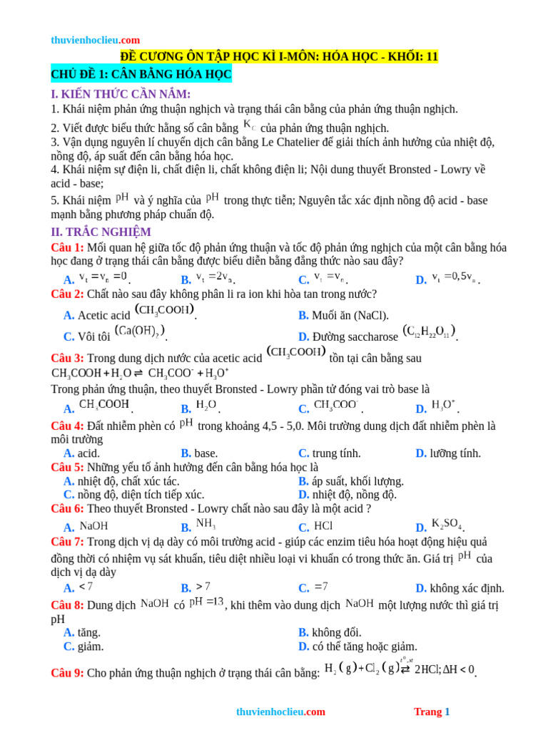 De Cuong On Tap HK1 Hoa 11 Canh Dieu | PDF