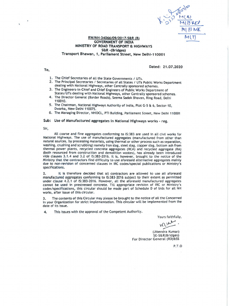 MoRTH circular dated 21.07.2020 Manufactured Aggregates | PDF