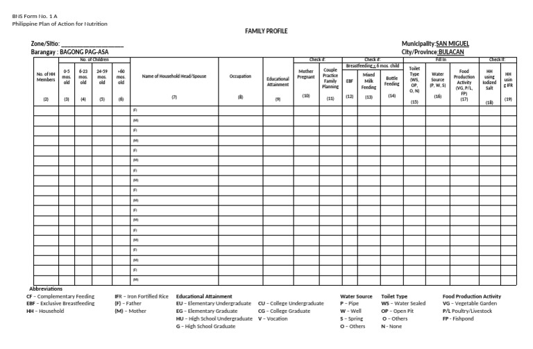 030 Bns Form 1a Household Family Profile | PDF | Nutrition | Diet & Nutrition