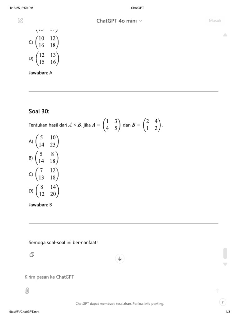 Tugas Matrix 30 Soal | PDF