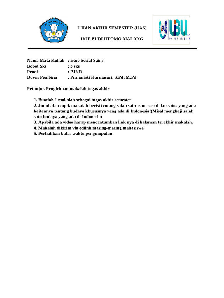 UAS ETNO SOSIAL SAINS-TUGAS AKHIR SEMESTER.2025docx | PDF