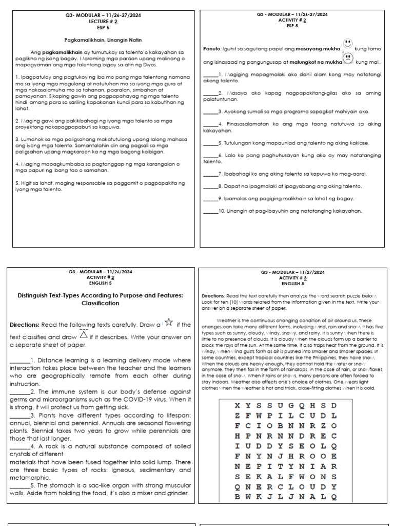 ESP SCIENCE ENGLISH FILIPINO 11-26-27-2024 | PDF
