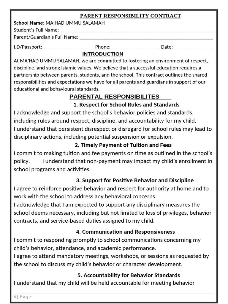 Parent Responsibility Contract - 044208 | PDF | Disciplines | Teachers