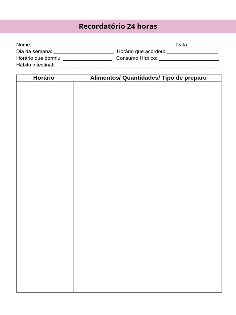 Modelo de Recordatório Alimentar 24h | PDF