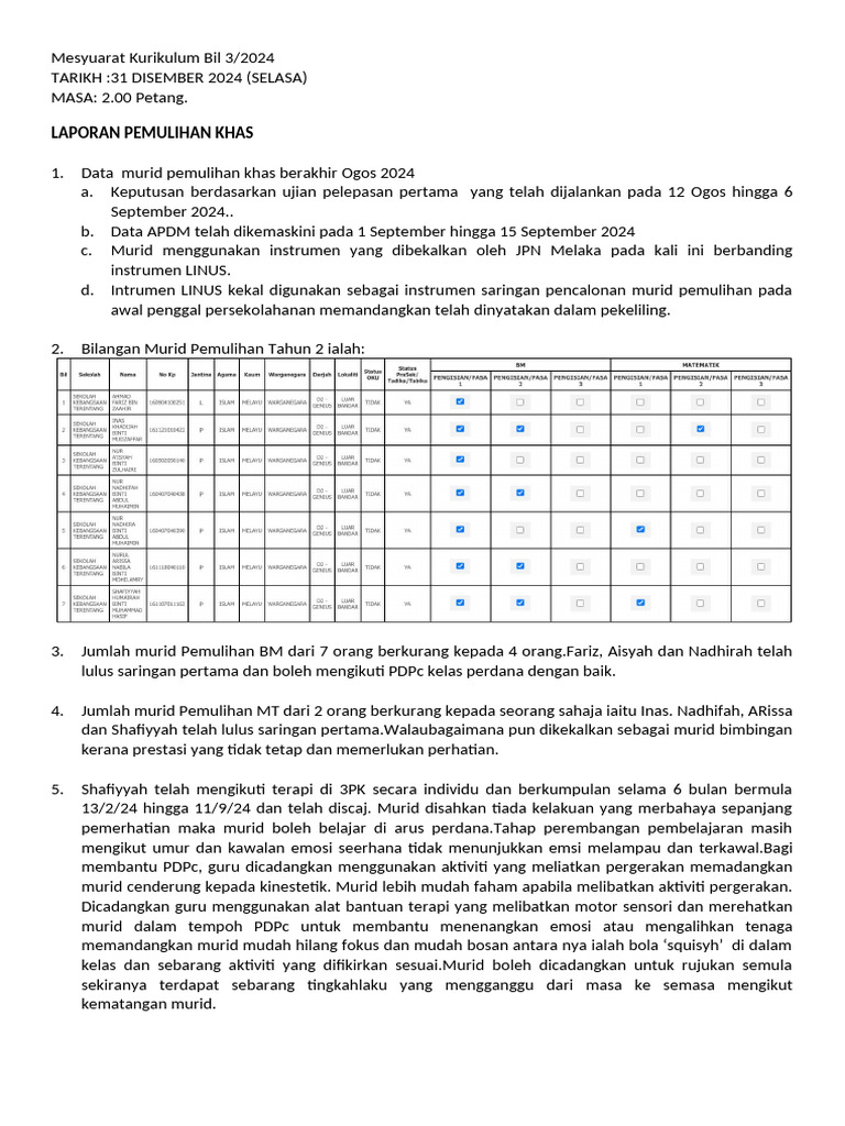 Laporan Ringkas Pemulihan Mesyuarat Kuri K 3 2024 | PDF