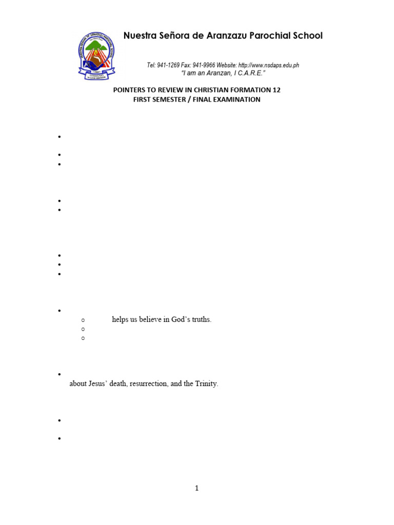 Pointers To Review First Semester Final Exam | PDF | Trinity | Purgatory