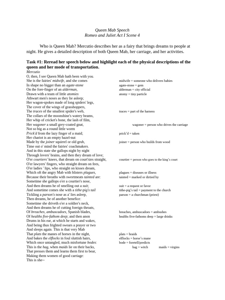Queen Mab Speech Worksheet | PDF