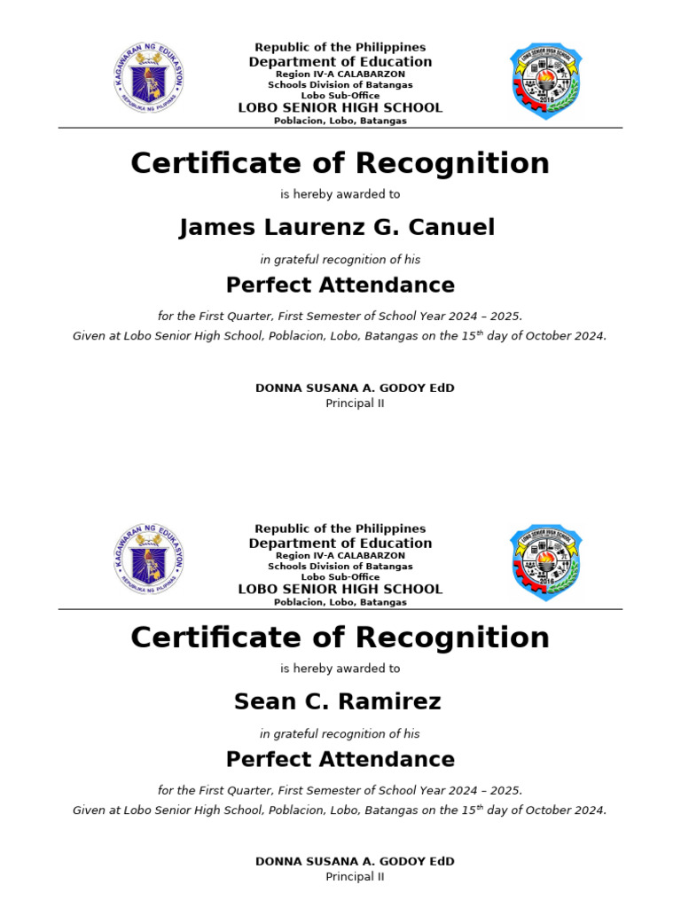 Perfect Attendance Recognition 2024-2025 | PDF