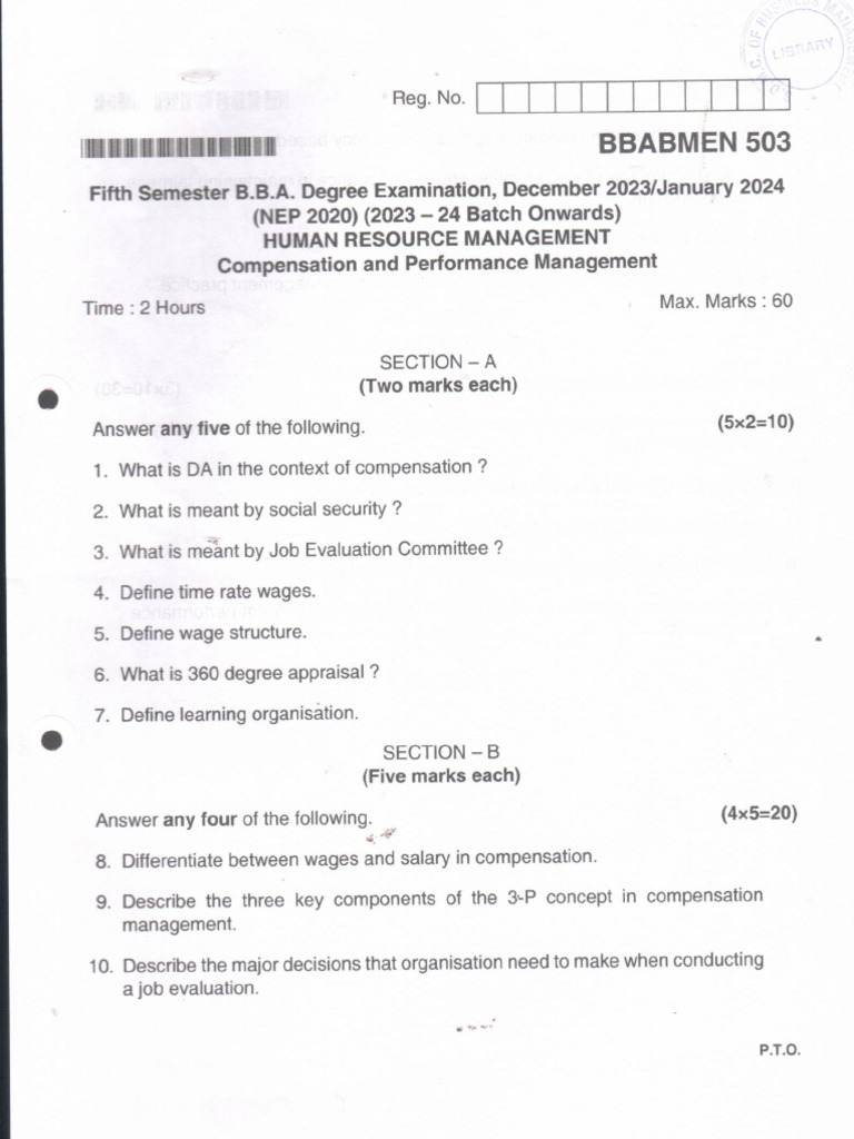BBA V Semester Compensation and Performance Management NEP Jan 2024 | PDF