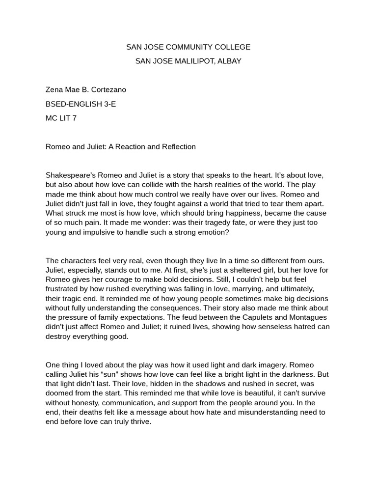 Reflection on Romeo and Juliet's Tragedy | PDF