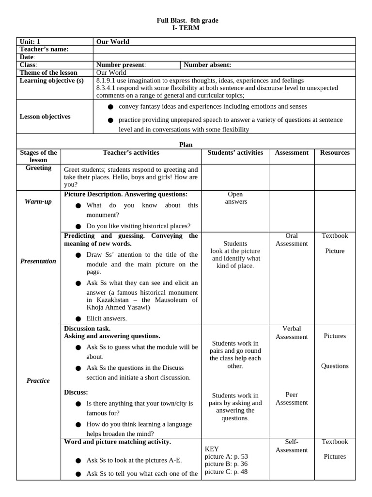 8th Grade Lesson Plan: Our World | PDF | Perfect (Grammar) | Verb