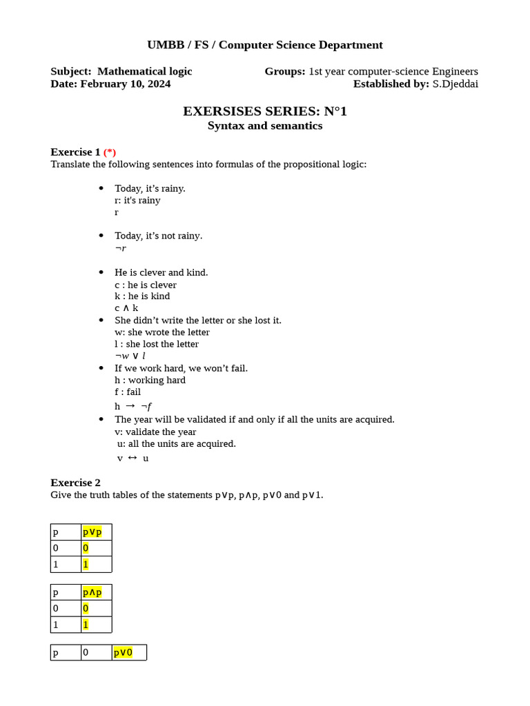 Propositional Logic Exercises for CS Students | PDF | Logic ...