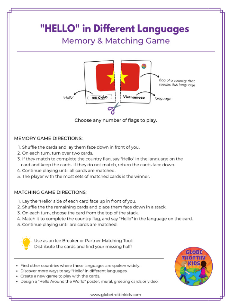 Hello in Different Languages Memory and Matching Game | PDF