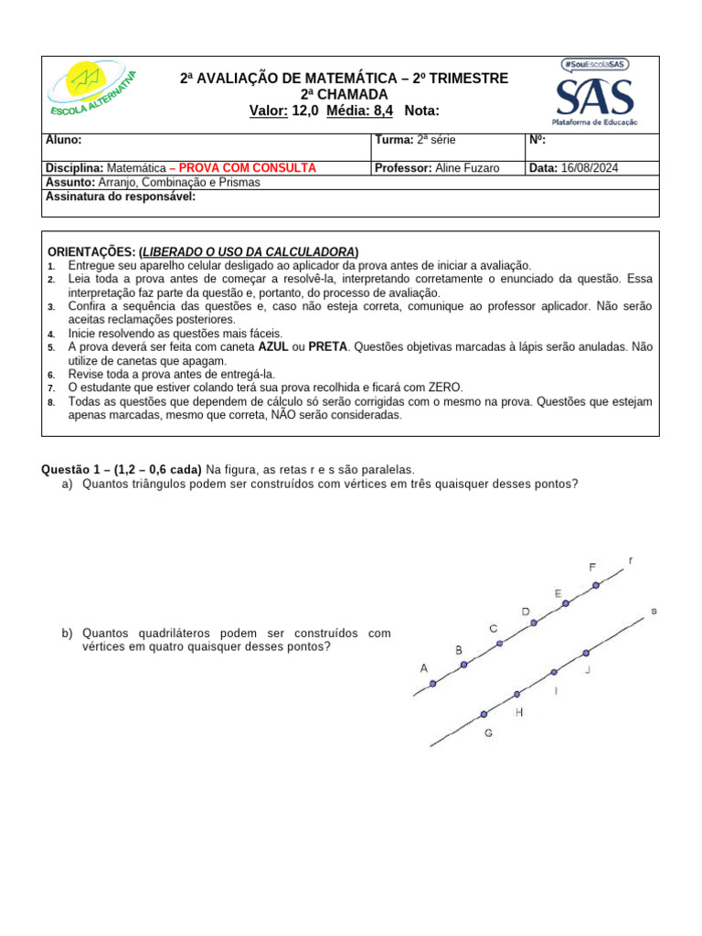 Prova de Matemática: Arranjos e Prismas | PDF | Cobertura (alimento ...