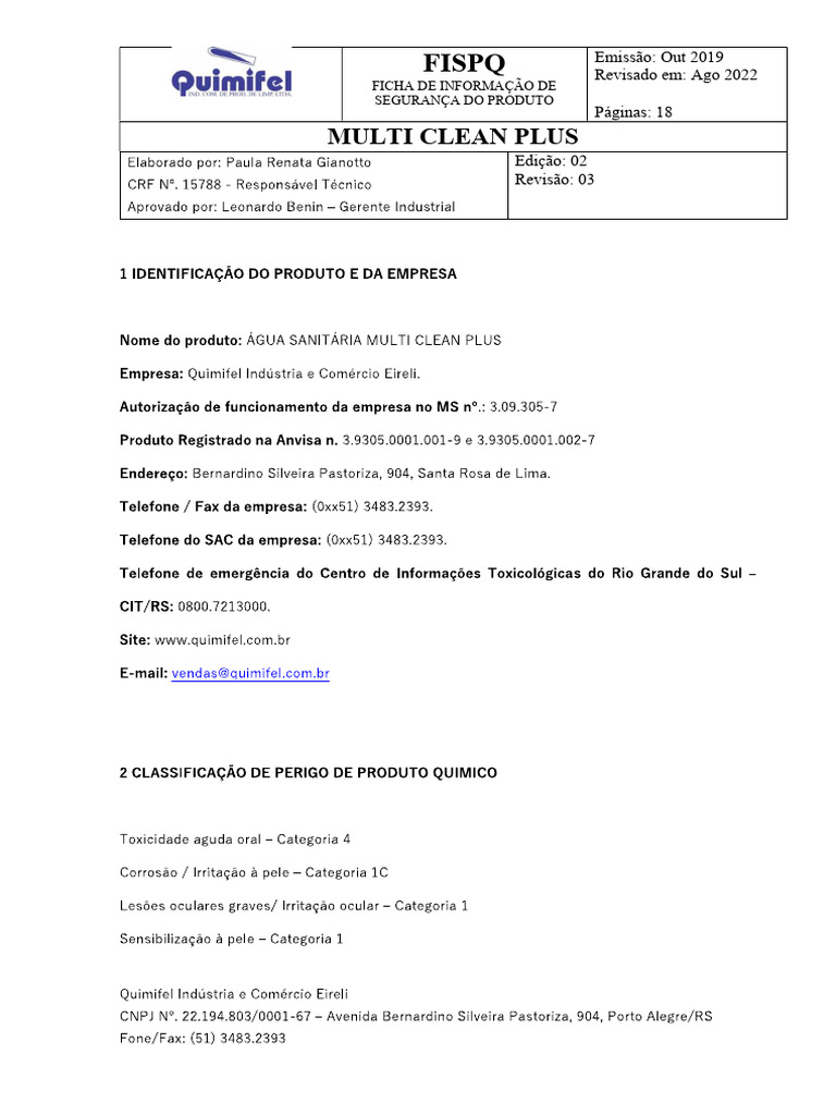 Fispq - Água Sanitária Multi Clean Plus | PDF