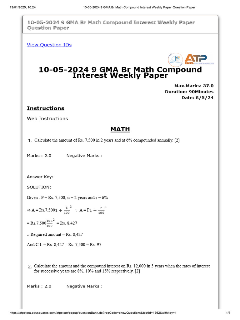 Grade 9 Compound Interest Quiz | PDF | Compound Interest | Interest