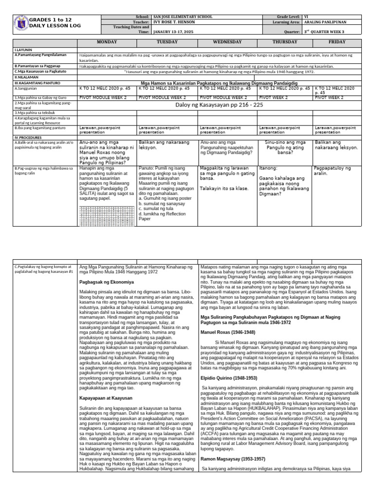 DLL - Araling Panlipunan 6 - Q3 - W3 | PDF