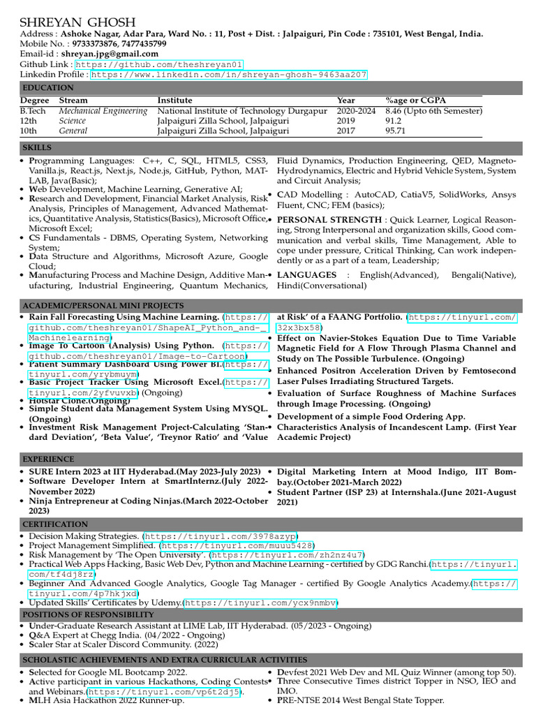 Shreyan Ghosh Resume PDF | PDF | Computing