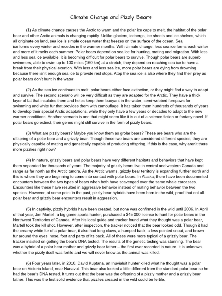 Hunter Cushman - Climate Change and Pizzly Bears | PDF