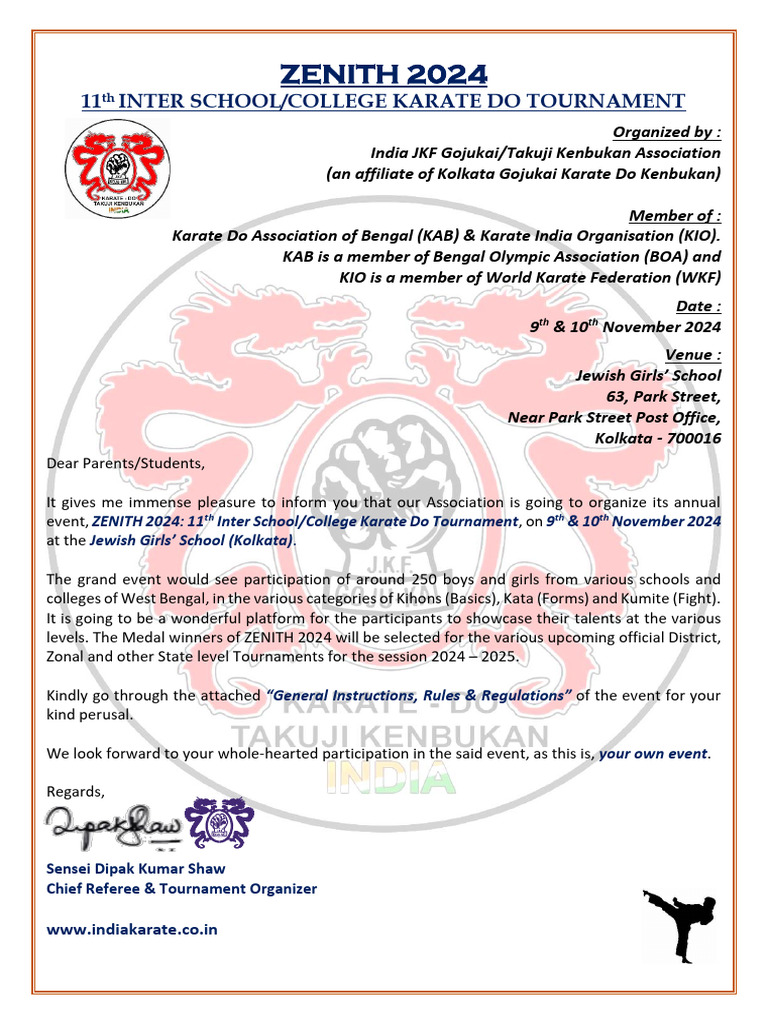 ZENITH 2023 - General Information, Rules & Regulations & Form | PDF | Karate | Japanese Martial Arts
