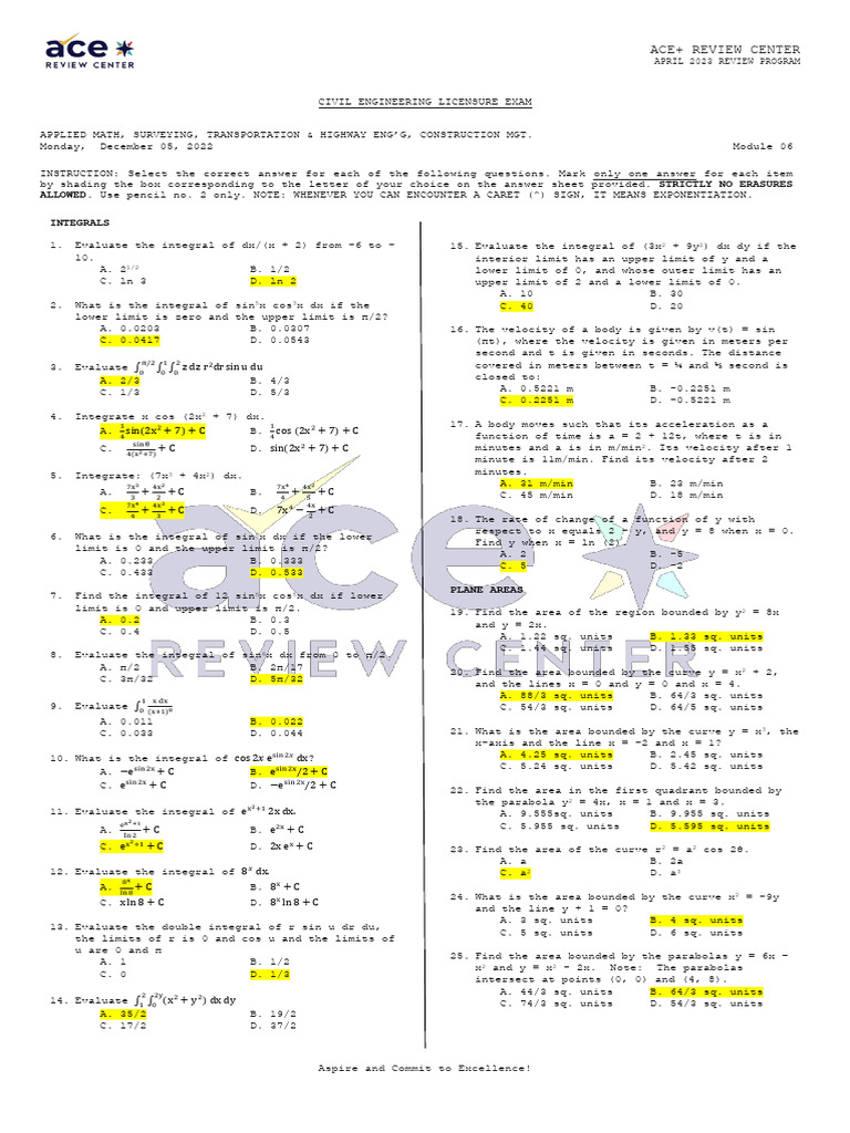 CE Module 6 Integral Calculus Answer Key | PDF | Area | Cartesian ...