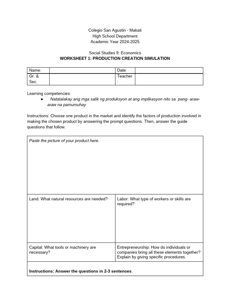 Economics Worksheet: Production Simulation | PDF