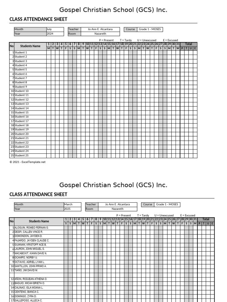 Class Attendance Sheet Monthly V1.0 | PDF