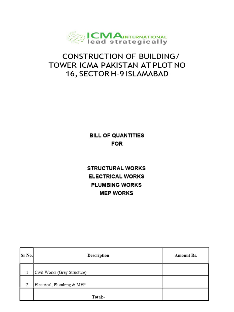 Bill of Quantities for ICMA Pakistan | PDF | Concrete | Mortar (Masonry)